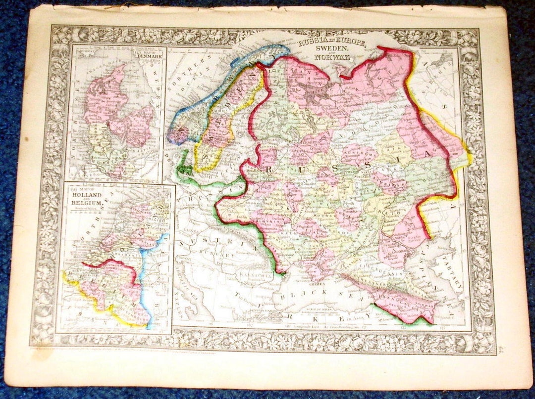 Origial 1860 Mitchell Map of Russia, Sweden ,norway ,holland, Denmark ...