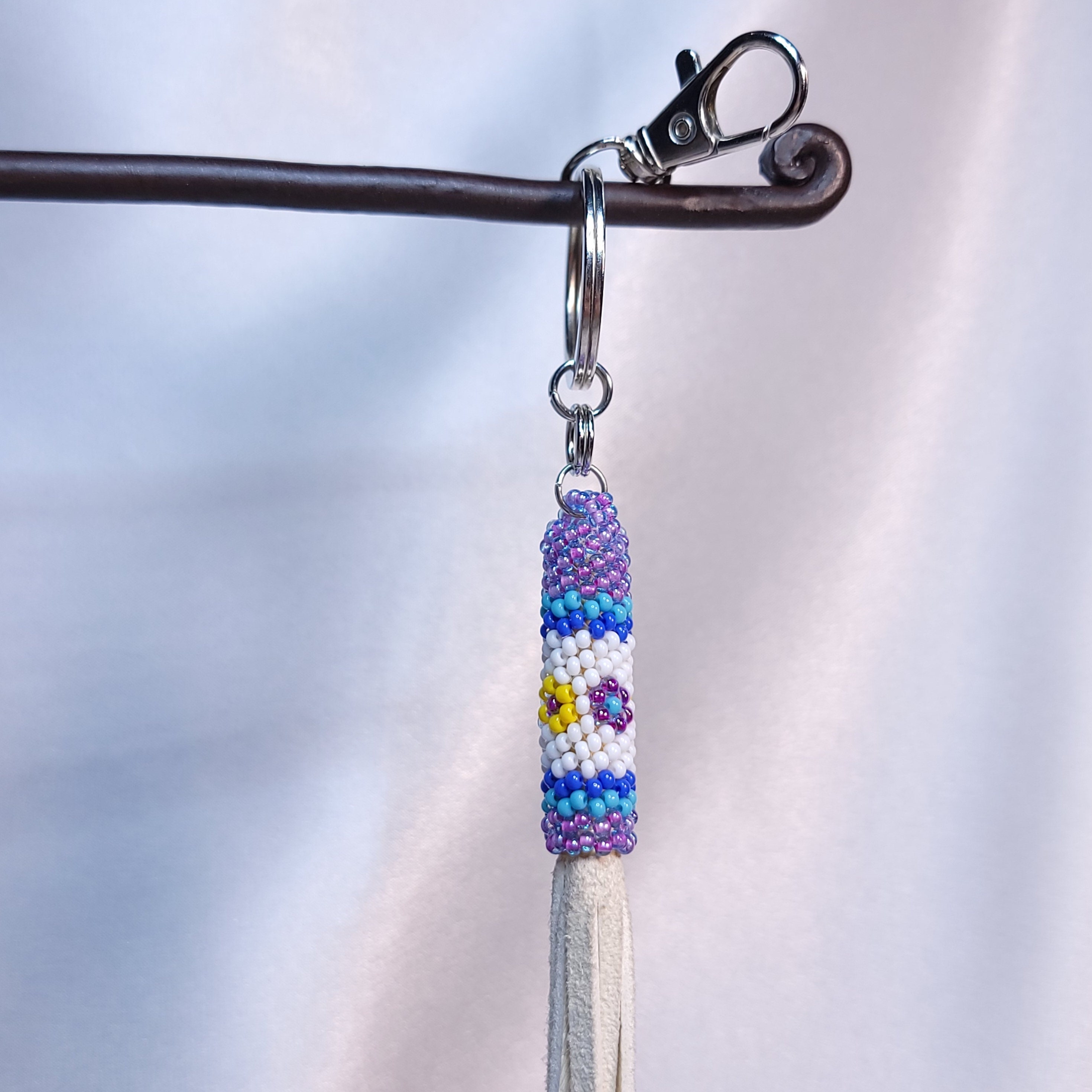 Purple Peyote Beadwork Stitch, White Leather, Key Fob and Handbag Charm ...