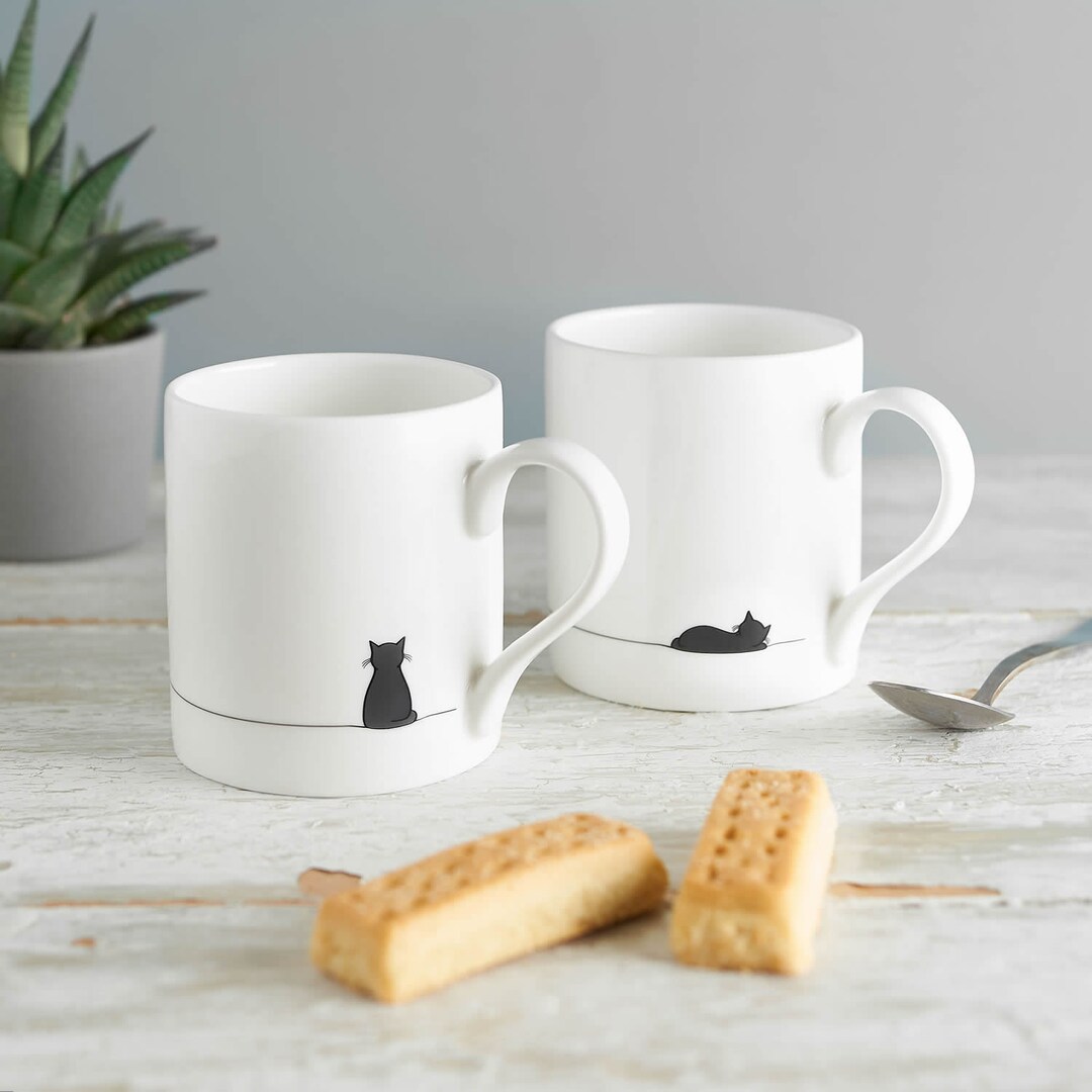 Sitting Cat and Sleeping Cat Mug, Set of Two, Fine Bone China Mugs, Cat ...
