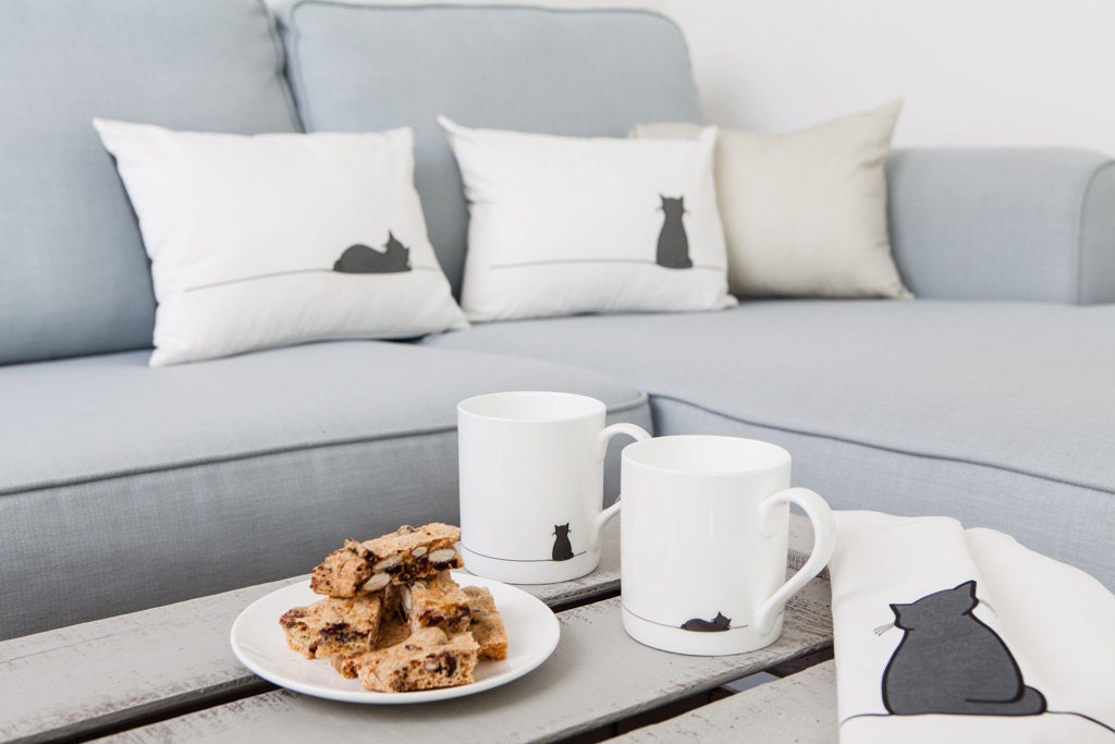 Sitting Cat and Sleeping Cat Mug, Set of Two, Fine Bone China Mugs, Cat ...