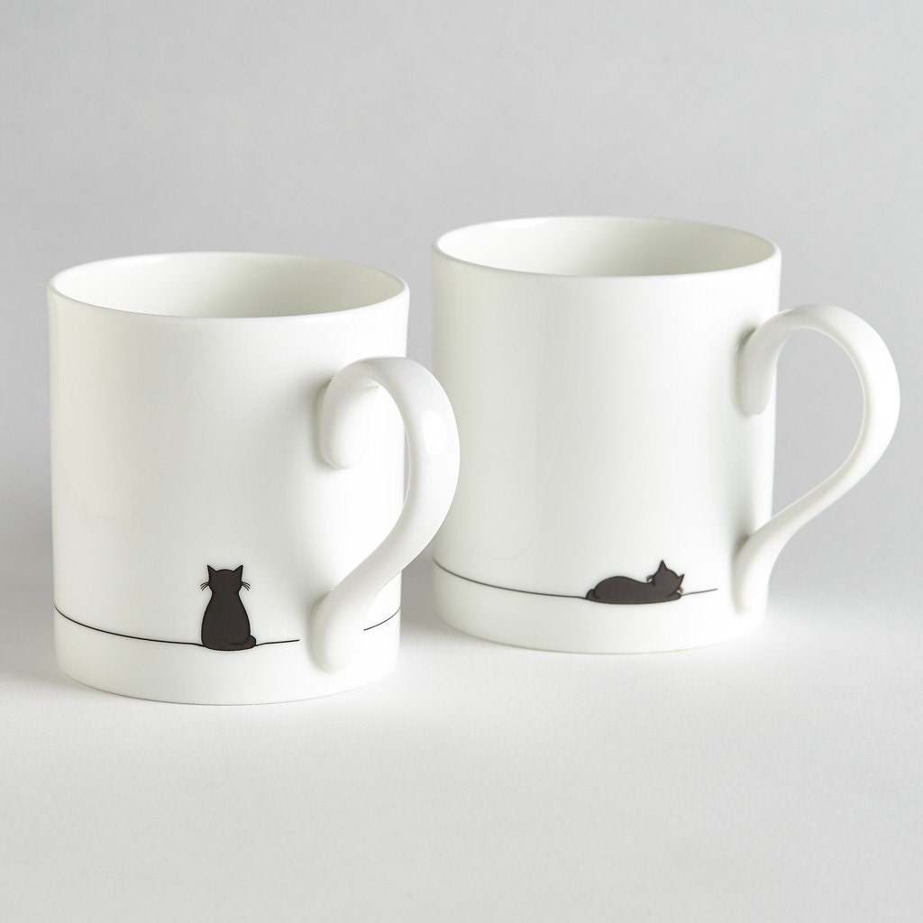 Sitting Cat and Sleeping Cat Mug, Set of Two, Fine Bone China Mugs, Cat ...