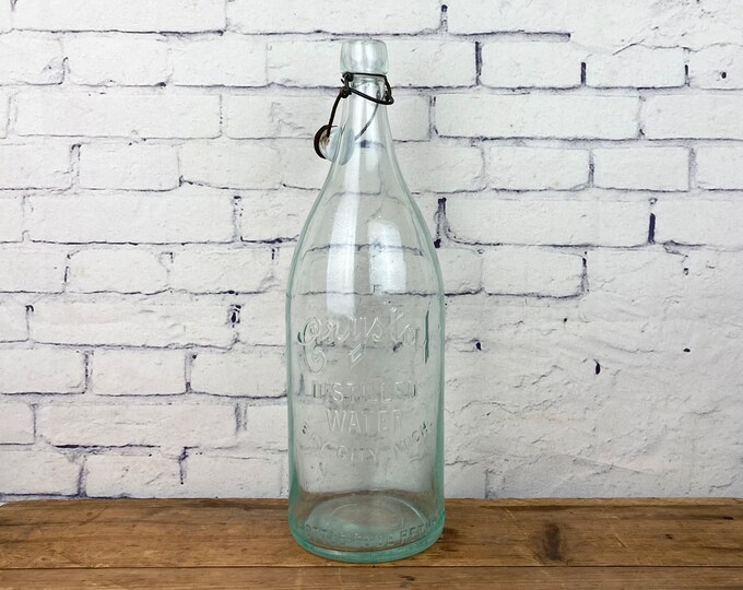 Antique Crystal Brand Distilled Glass Water Bottle Porcelain Cap Bay ...