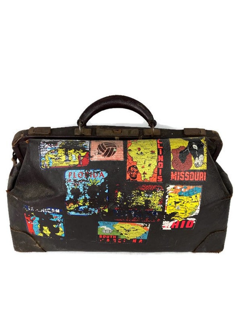 Small Antique Doctors Bag Sticker Covered Black Leather Vintage Doctor ...