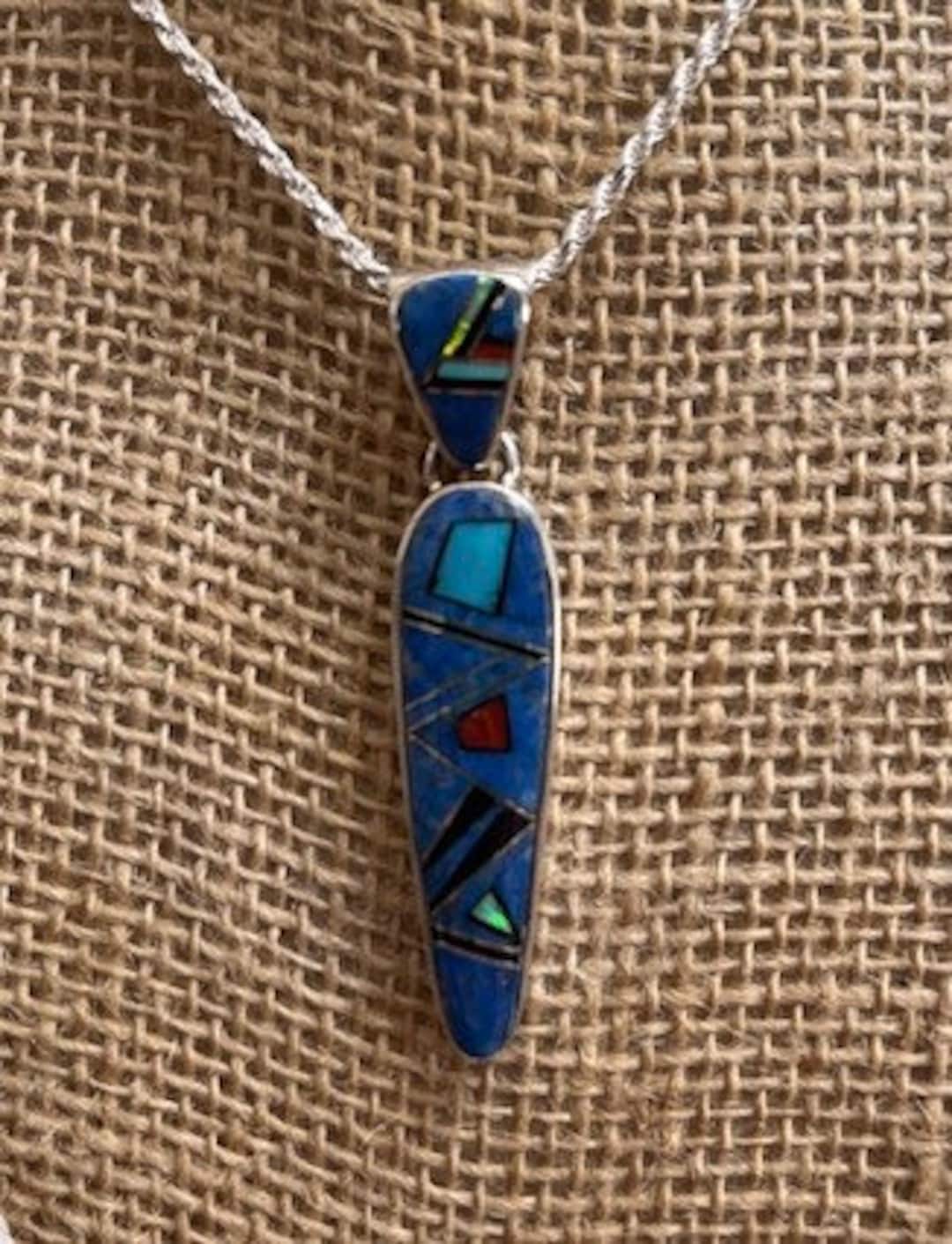 Navajo Inlaid Pendant Necklace Lapis Turquoise Coral Jet Sterling. 2-3/ ...