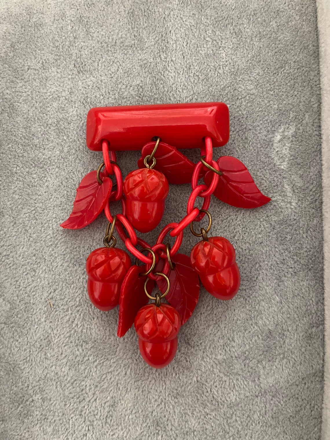 Brooch Cherry Red Bakelite Acorn and Leaves on Celluloid Chain. Perfect ...