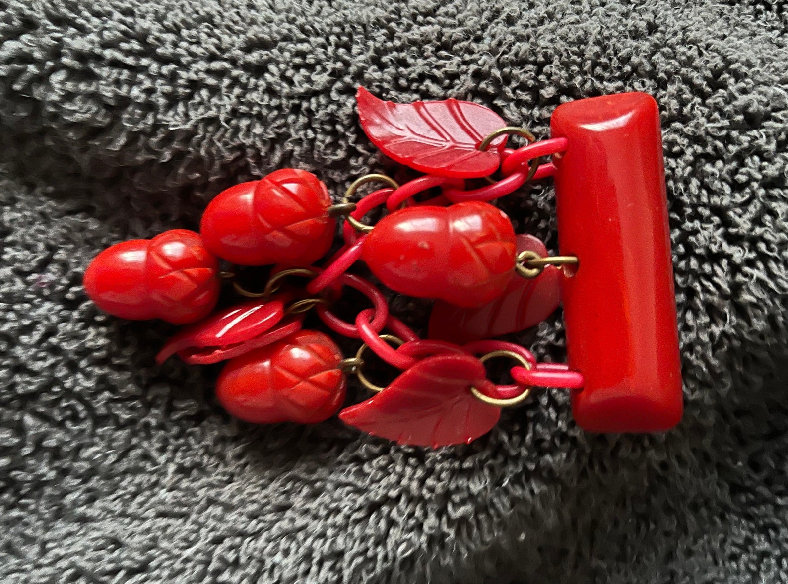 Brooch Cherry Red Bakelite Acorn and Leaves on Celluloid Chain. Perfect ...