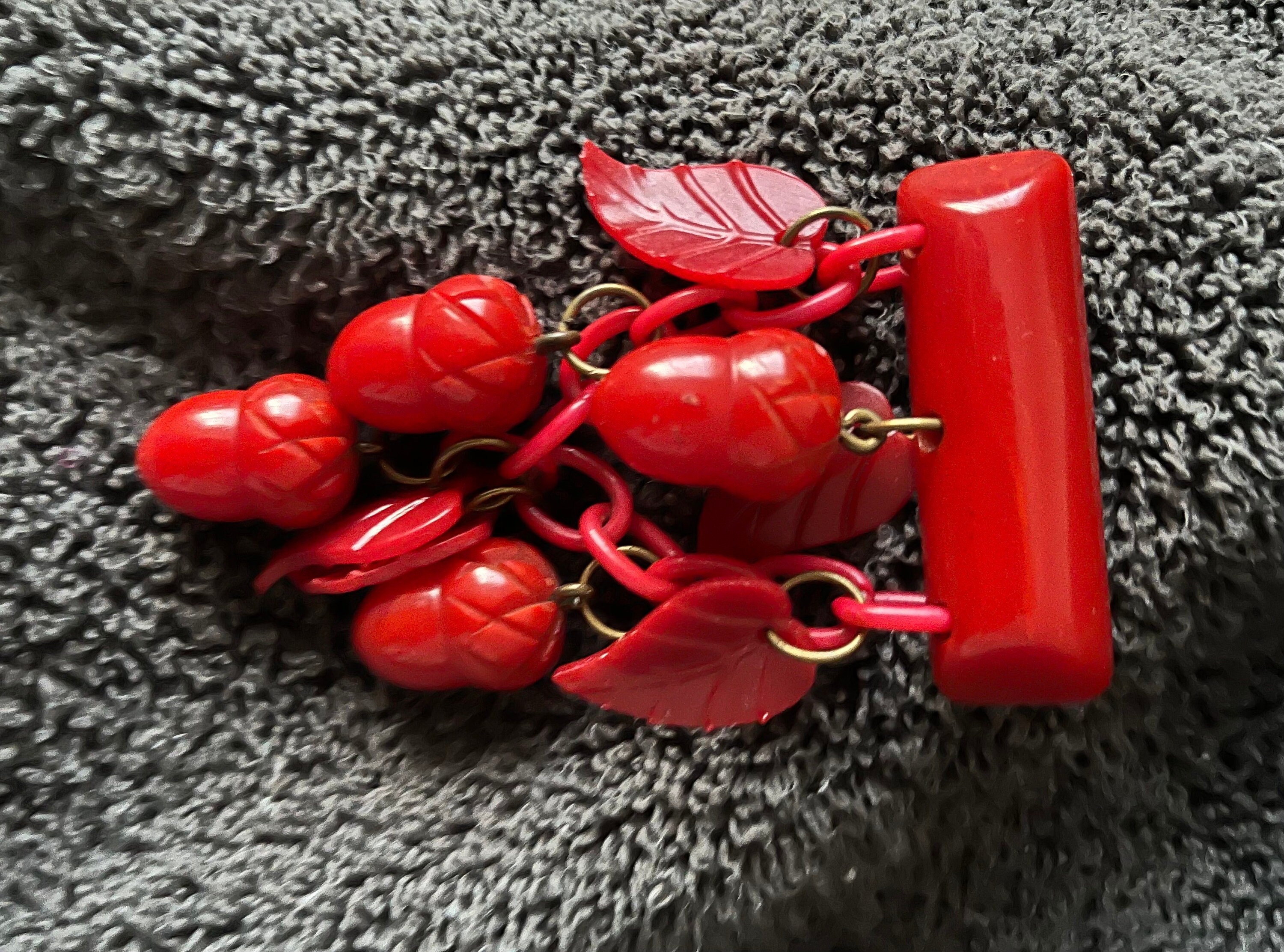 Brooch Cherry Red Bakelite Acorn and Leaves on Celluloid Chain. Perfect ...