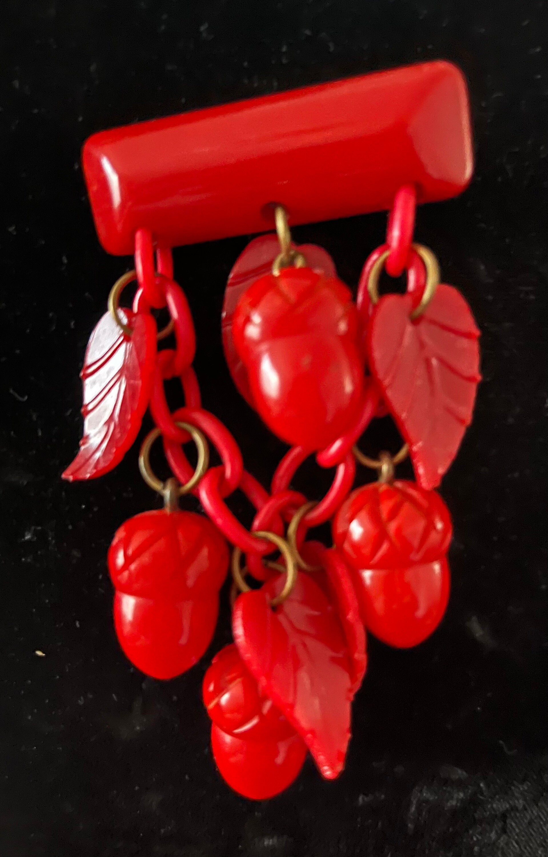 Brooch Cherry Red Bakelite Acorn and Leaves on Celluloid Chain. Perfect ...