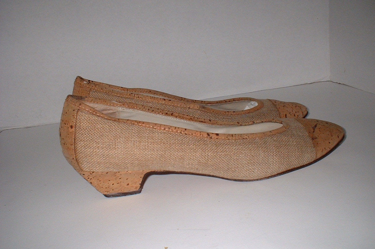 AMALFI Beige Linen Fabric & Cork Pumps Heels Shoes Italy Size 8 N 8 AAA ...