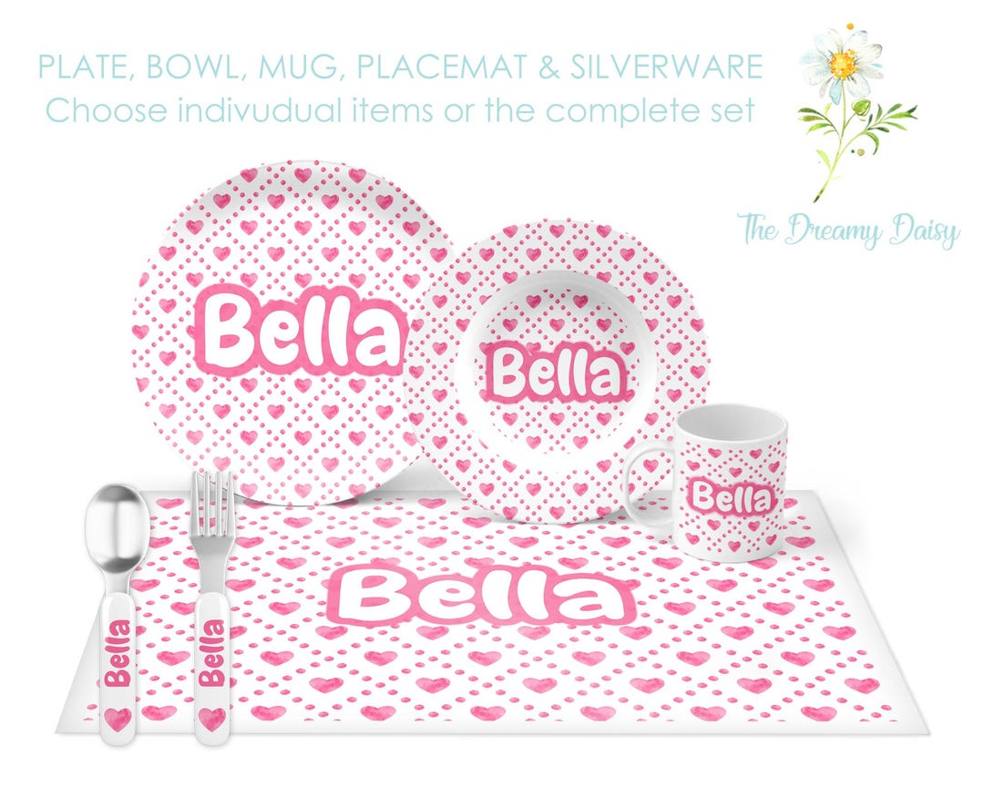Personalized Heart Dinnerware Set for Kids - Pink Heart Plate Set ...