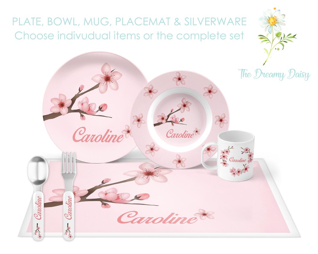 Personalized Cherry Blossom Dinnerware Set for Kids - Pink Cherry ...
