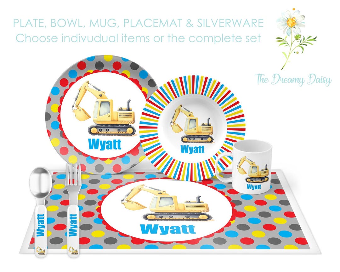 Personalized Construction Dinnerware Set for Kids - Construction Digger ...