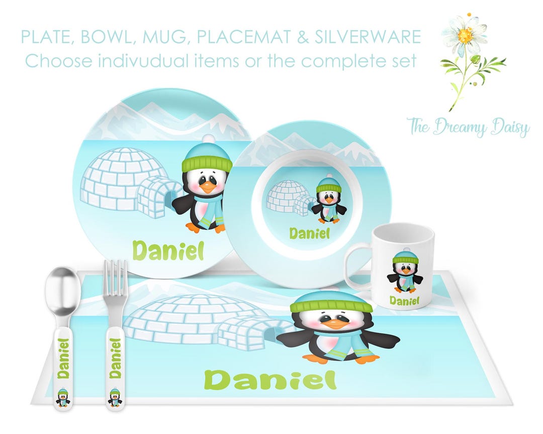 Personalized Penguin Plate Set for Kids - Penguin Dinnerware Set ...