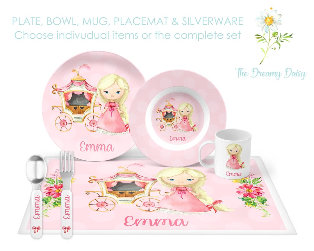 Personalized Princess Dinnerware Set for Kids - Pink Princess Plate Set ...