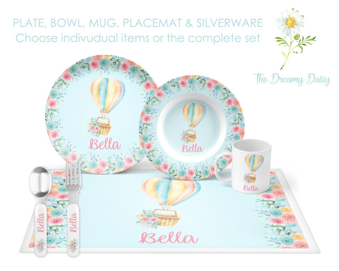 Personalized Hot Air Balloon Plate Set for Kids - Floral Hot Air ...