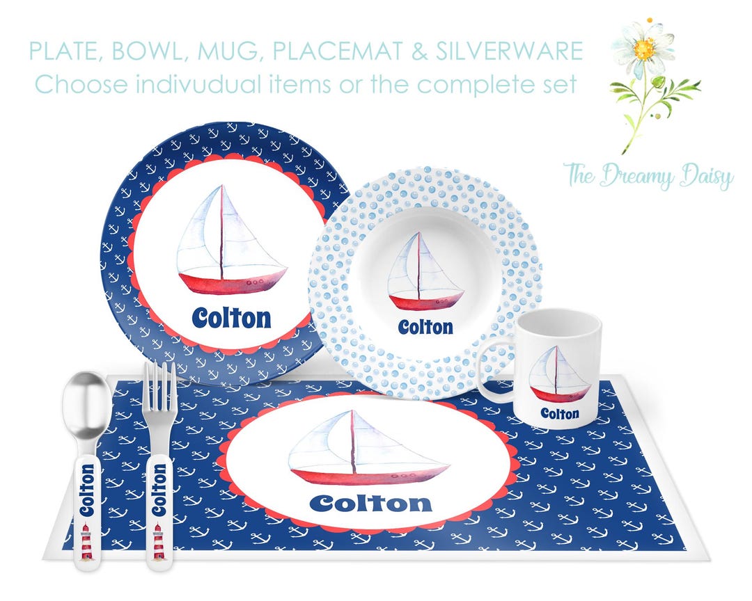Personalized Sailboat Plate Set for Kids - Boat Dinnerware Set - Custom ...