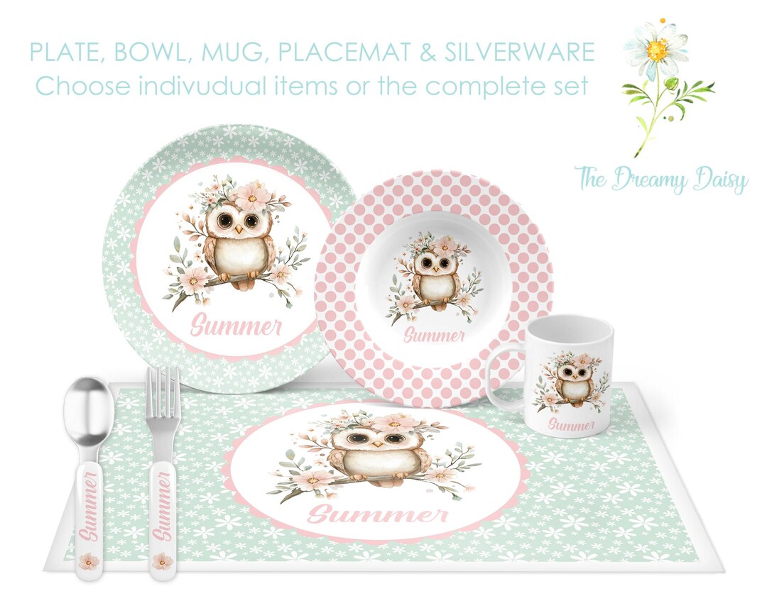 Personalized Owl Dinnerware Set for Kids - Cute Owl Plate Set With Name ...