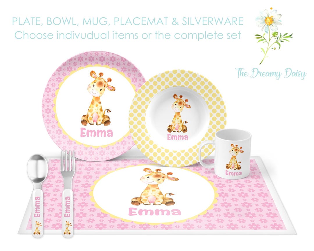 Personalized Giraffe Dinnerware Set for Kids - Pink Giraffe Plate Set ...