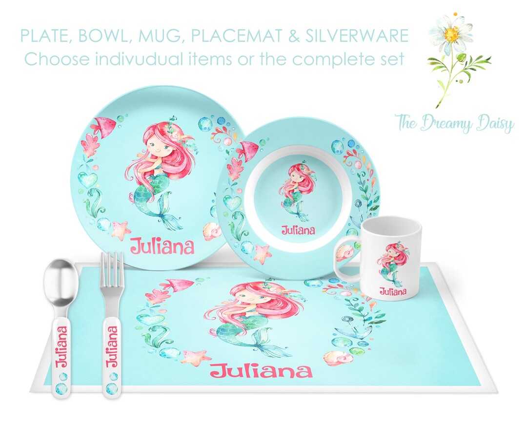 Personalized Mermaid Plate Set for Kids - Little Mermaid Dinnerware Set ...