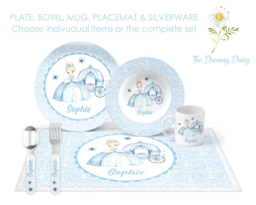 Cinderella Plate Set Personalized With Name - Blue Princess Plate Set ...