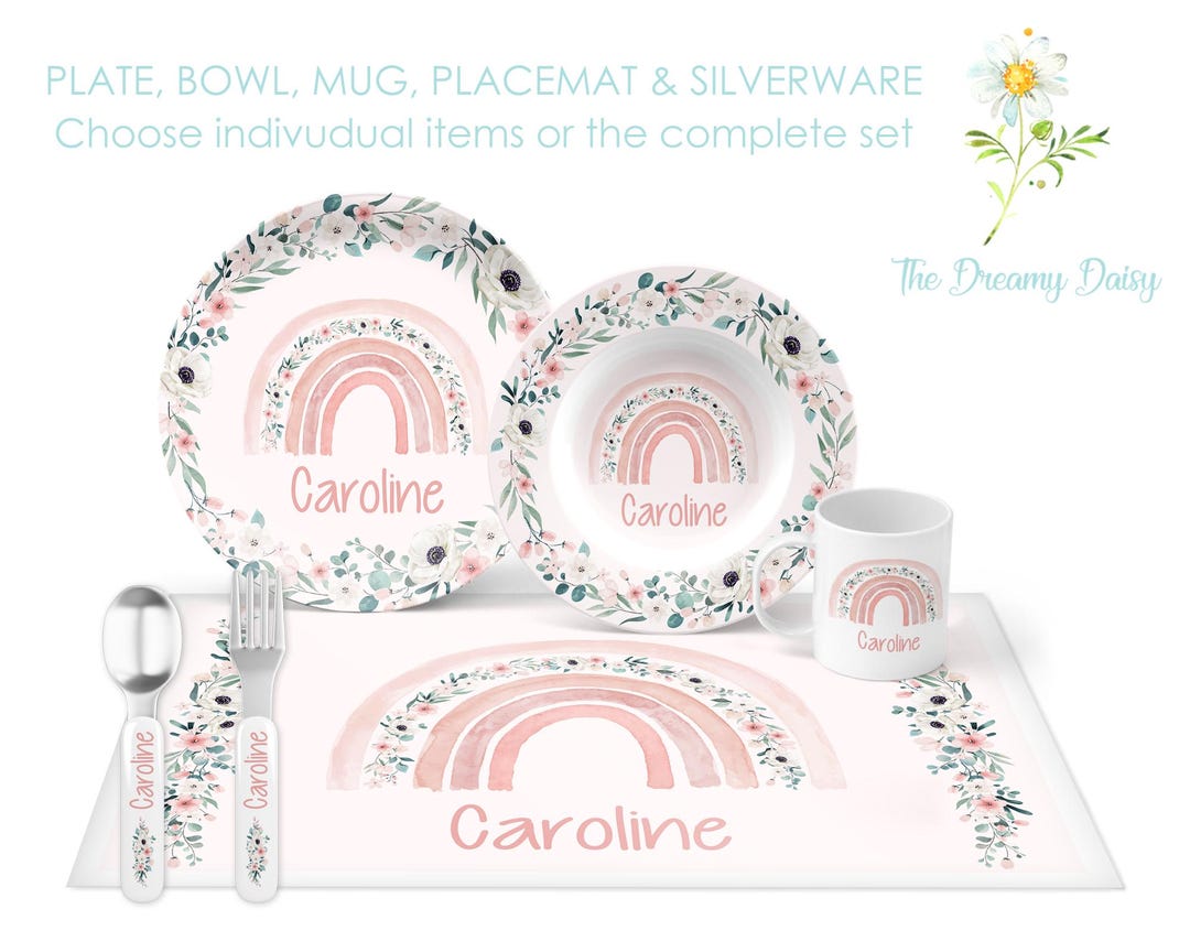 Personalized Boho Rainbow Dinnerware Set for Kids - Pink Rainbow Plate ...