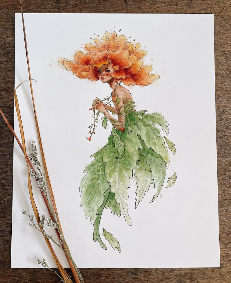 Marigold Flower Fae Art Print Fairy Art Illustration - Etsy