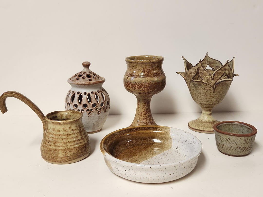 6 Vintage Studio Art Pottery Stoneware Pieces - Scent Bottle, Goblets ...