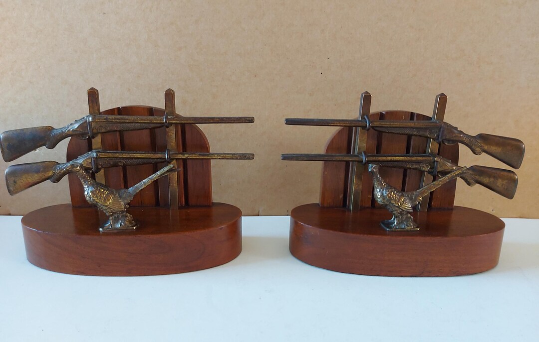 Vintage Brass & Wood Pheasant Bird With Hunting Rifles Bookends - Etsy