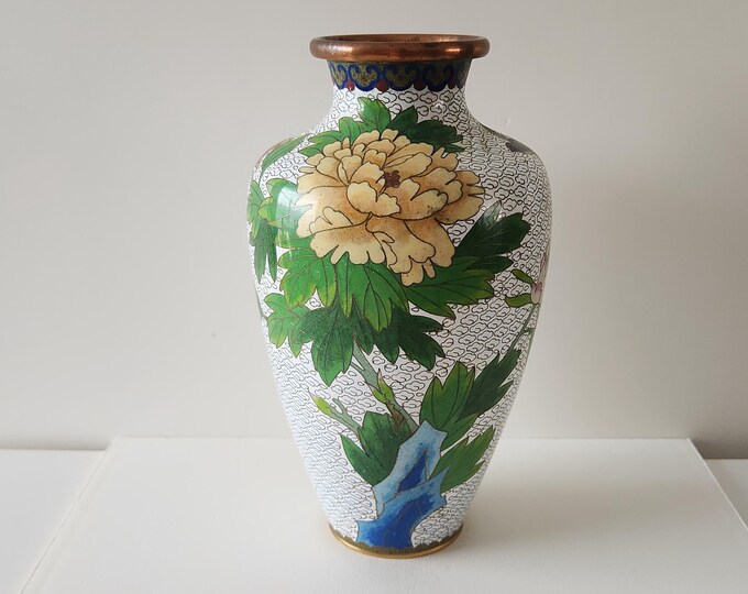 Vintage Chinese JINGFA Brand Floral Bird Enameled Copper Cloisonne Vase ...