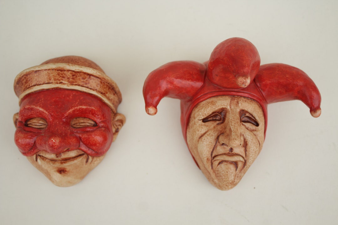 Smiling Masquerader & Frowning Jester Hanging Chalkware Wall Heads - Etsy