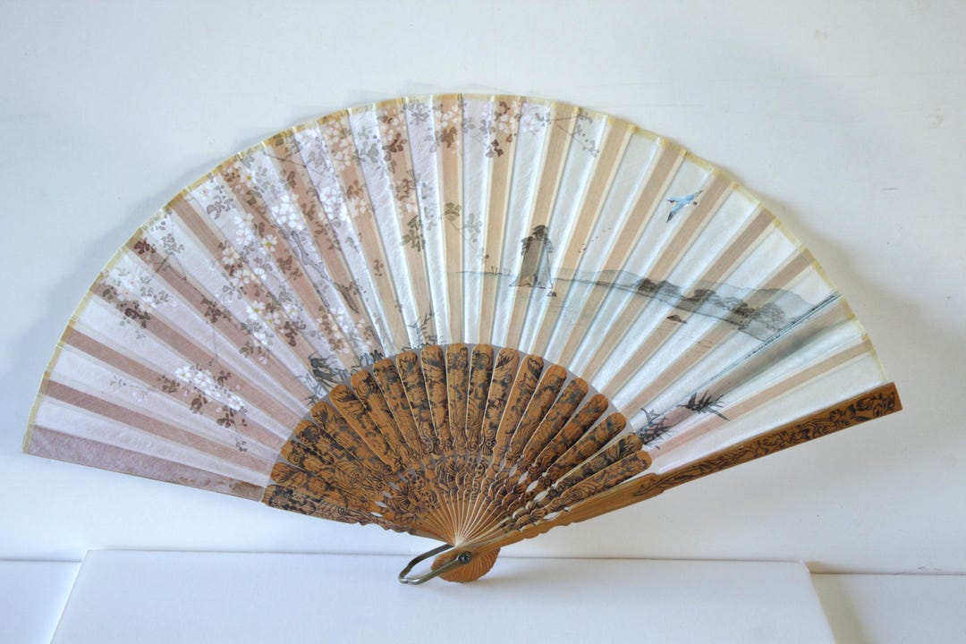 Antique Hand Painted Single Bluebird Silk Wood Sticks & Guards Hand Fan ...