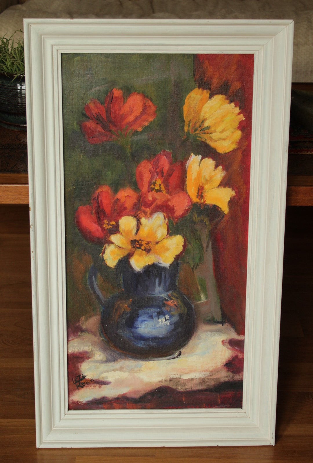 Impressionist Red & Yellow Flowers in Jug Painting Signed Leta Reich - Etsy