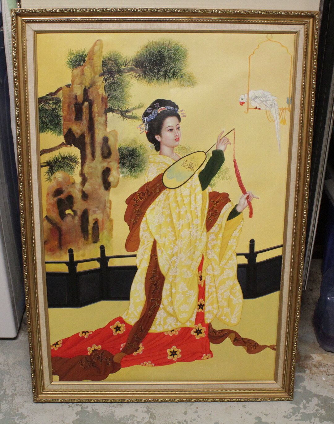 Large Vintage Asian Geisha Lady With Bird Painting Not Signed - Etsy
