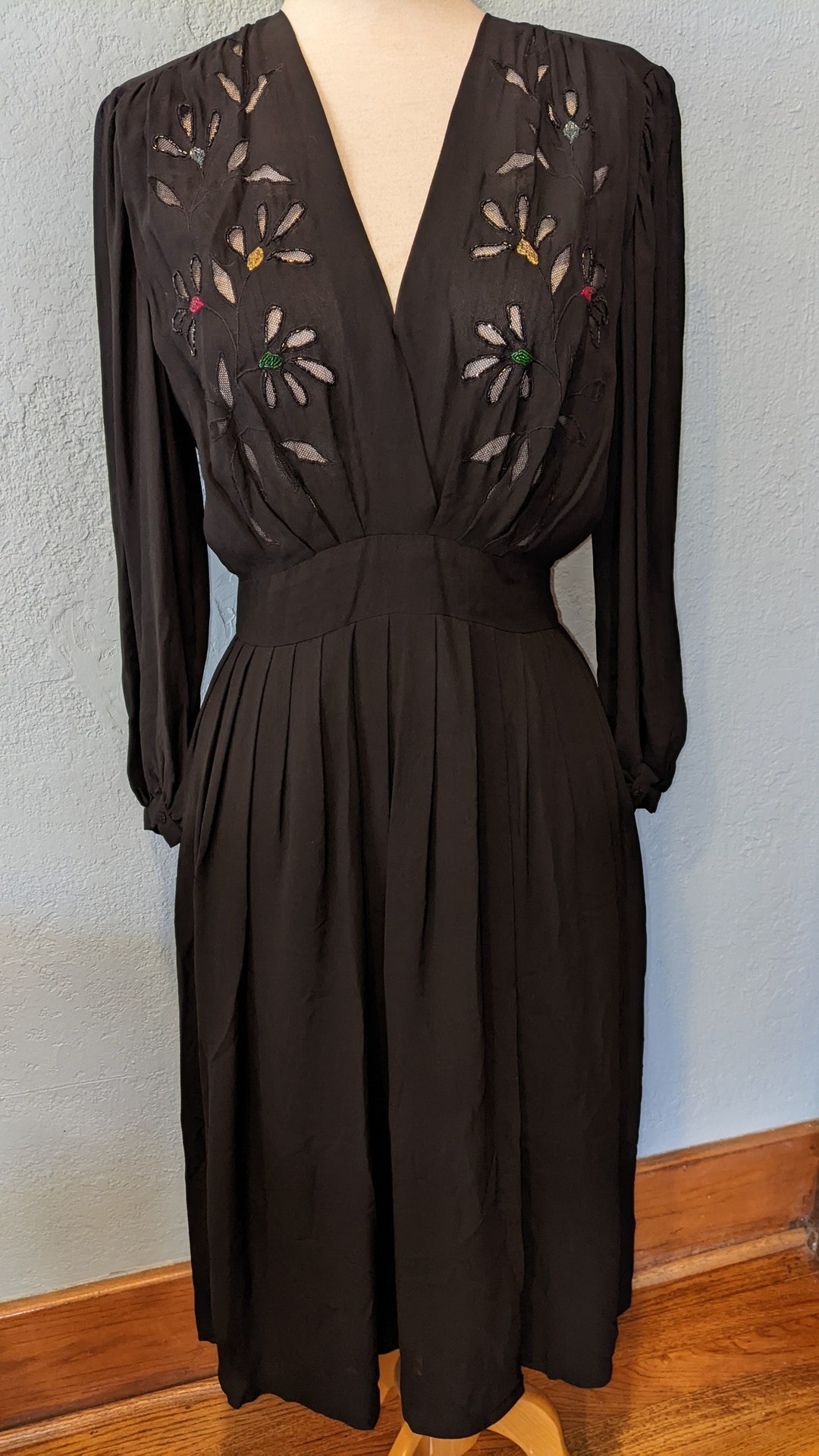 Vintage Rety Designer Black Chiffon Haute Couture Dress Size M Made in ...