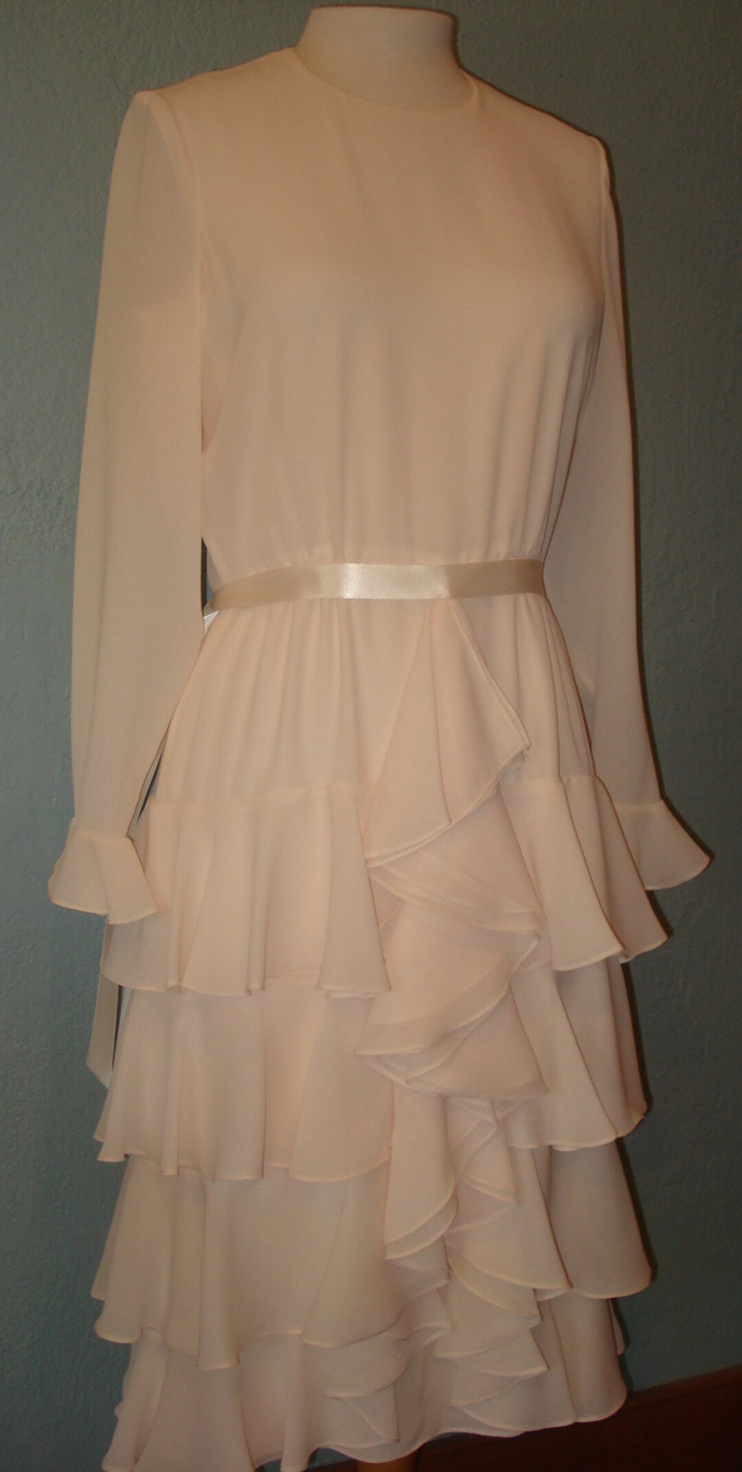 Bill Blass 1980's Vintage Ruffle Chiffon Dress Layers of Creme Chiffon ...