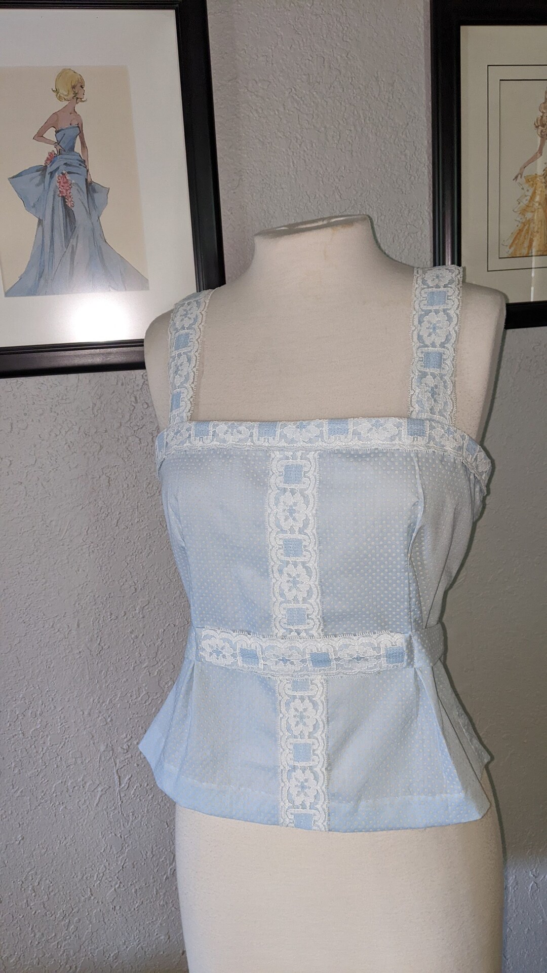 1970's Pretty Prairie Core Blue Dotted Swiss Camisole Top Handmade W ...