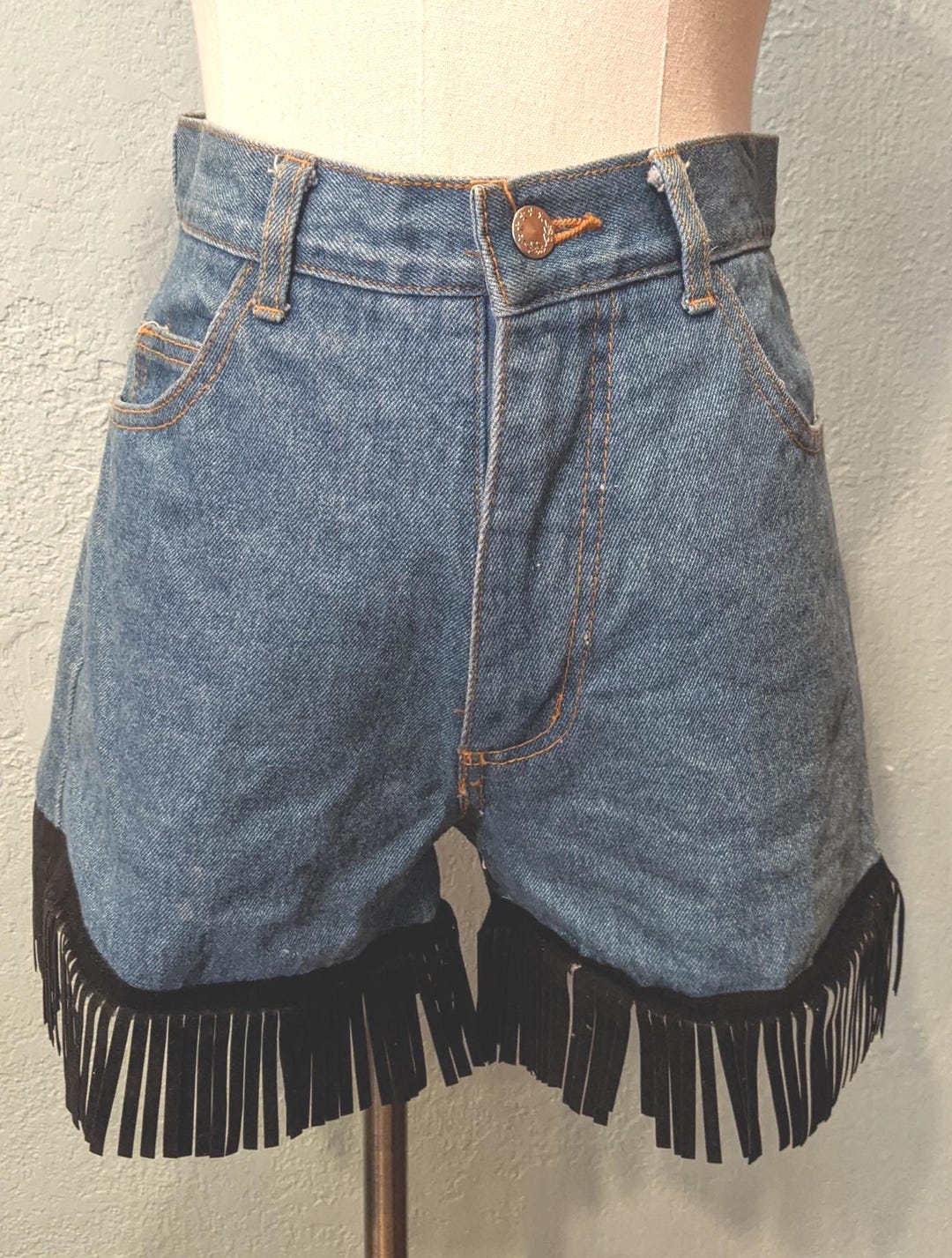 80's Star Cody Jean Shorts With Black Fringe Blue Denim High Waist ...