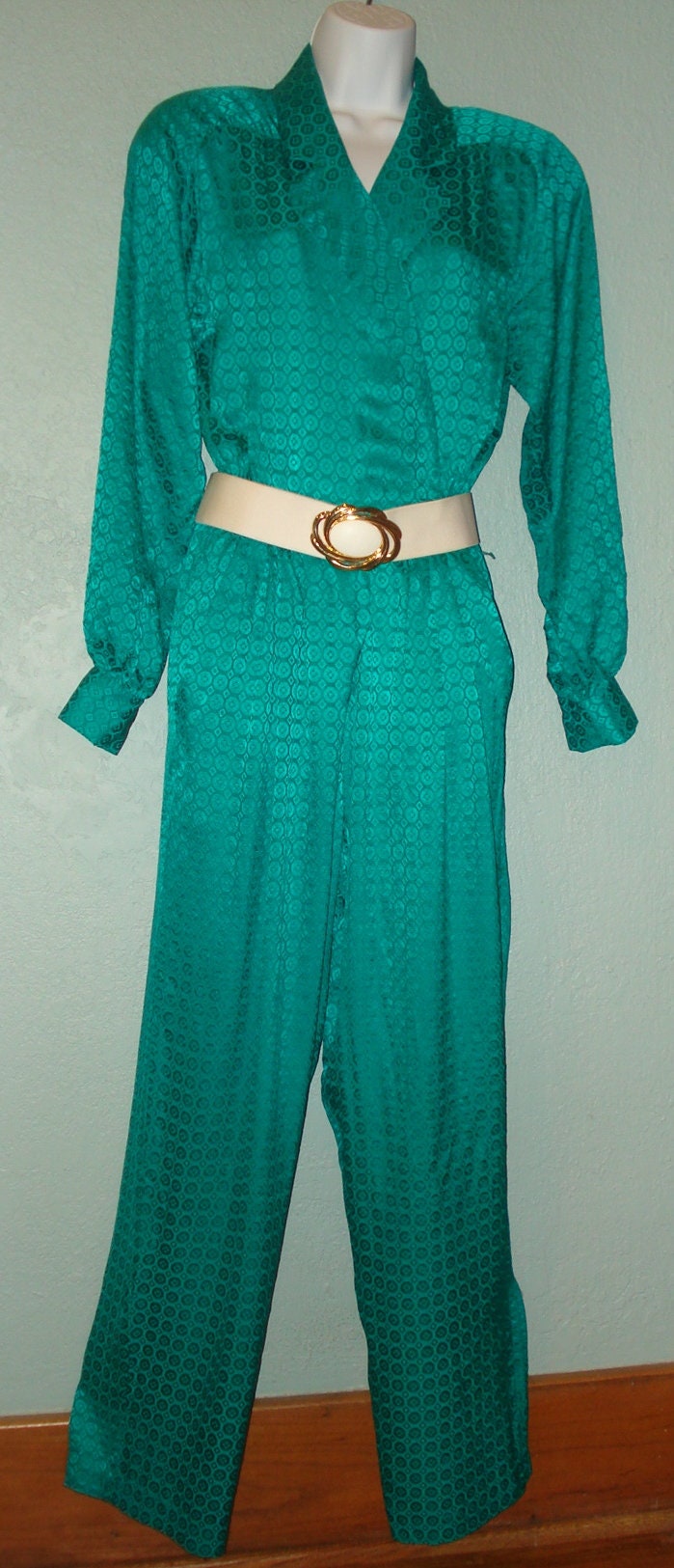Liz Claiborne 100 Damask Silk Green Jumpsuit Size 8 Shoulder Pads