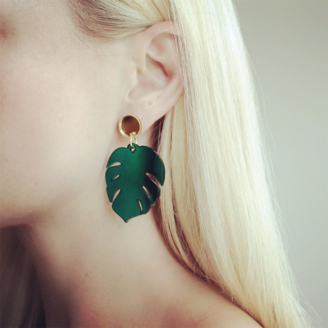 Monstera Leaf Earrings in Blue / Turquoise | Etsy