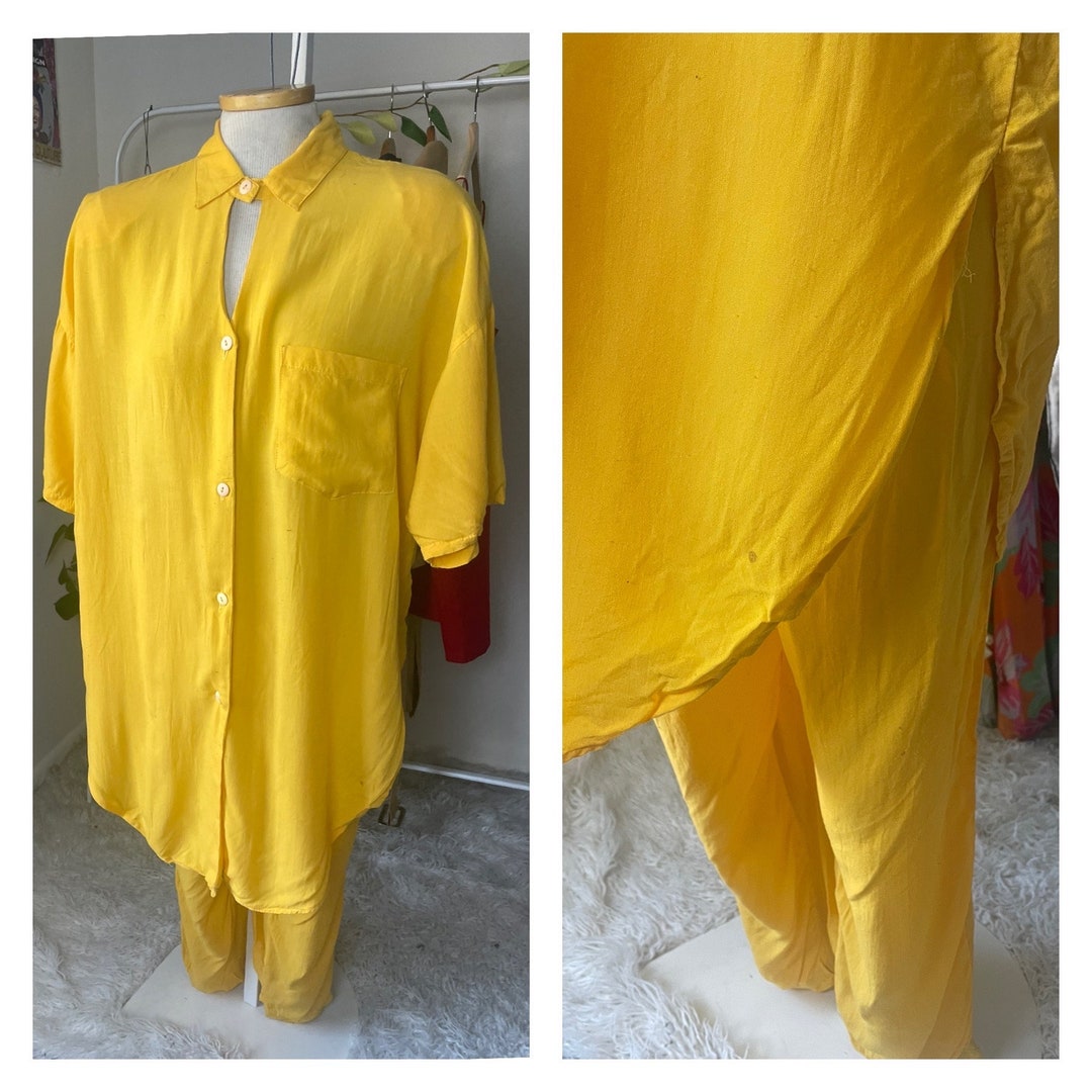 Vintage 1990s Yellow 2-piece Pant Set Button Keyhole Top With Elastic ...