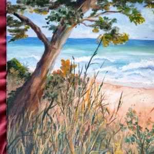 Oil Painting Ocean Trees Nautical Coastal Landscape Signed Art Sailboat ...