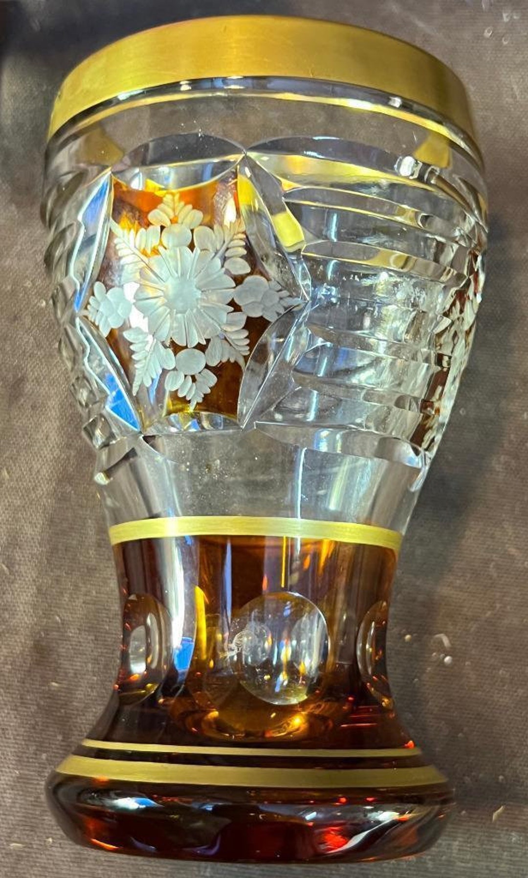 Vintage Bohemian Czech Czechoslovakian Crystal Clear Amber Vase Cup Art ...