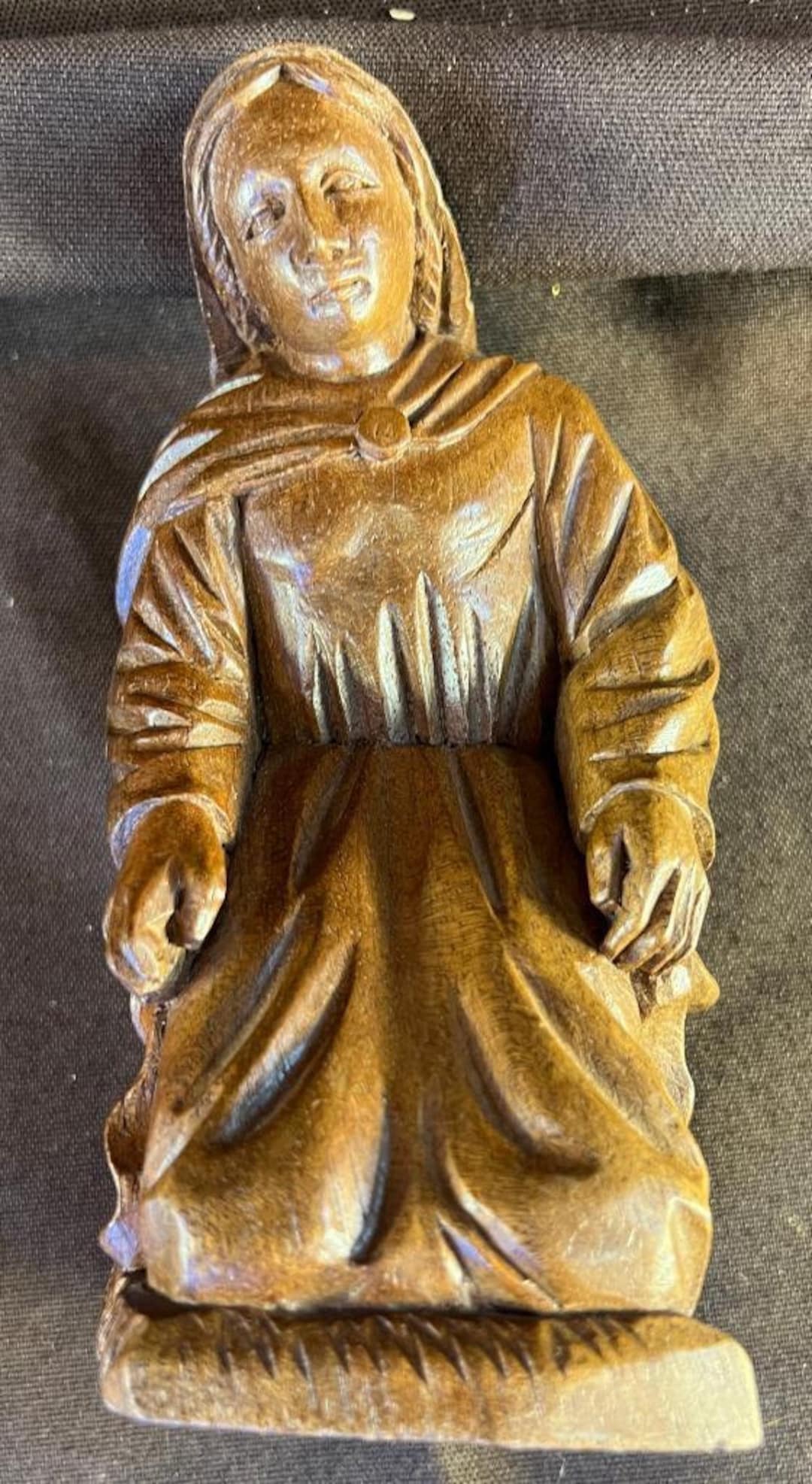 Old Vintage Hand Carved Wood Lady Woman Cloak Kneeling Carving Statue ...