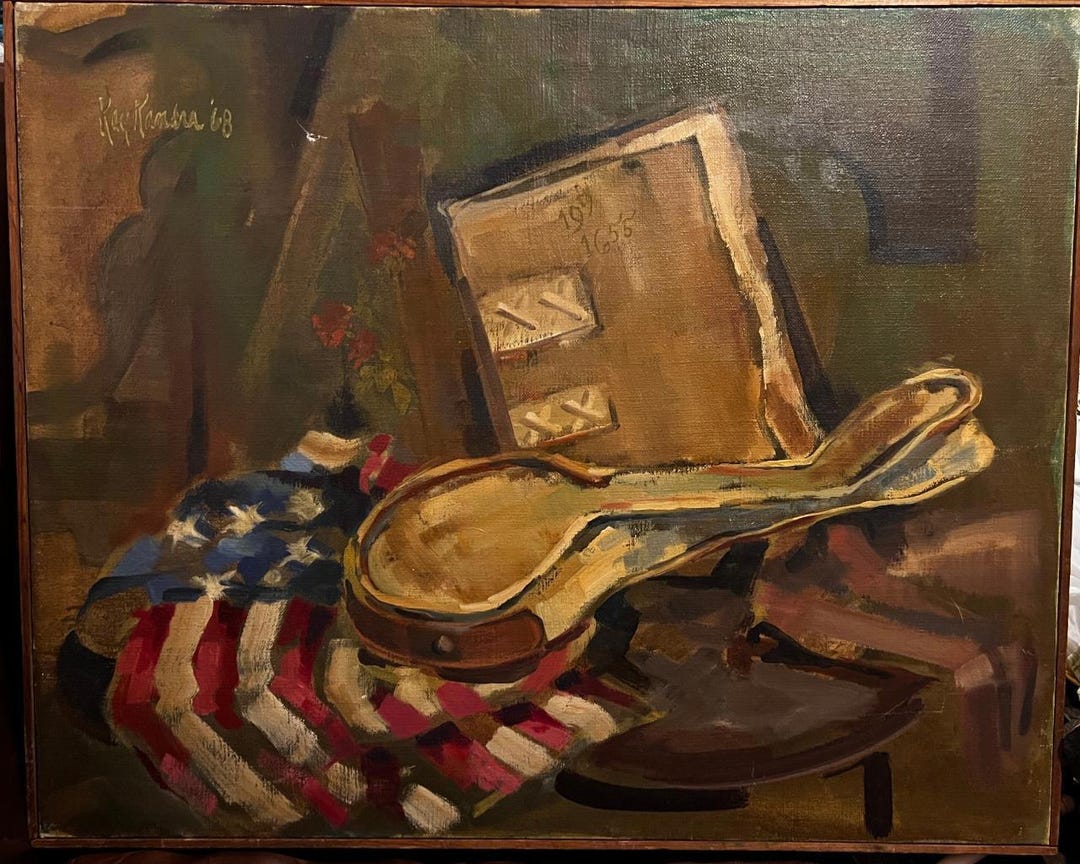 American Flag Book Banjo Still Life Oil Painting Still Life MCM 1968 ...
