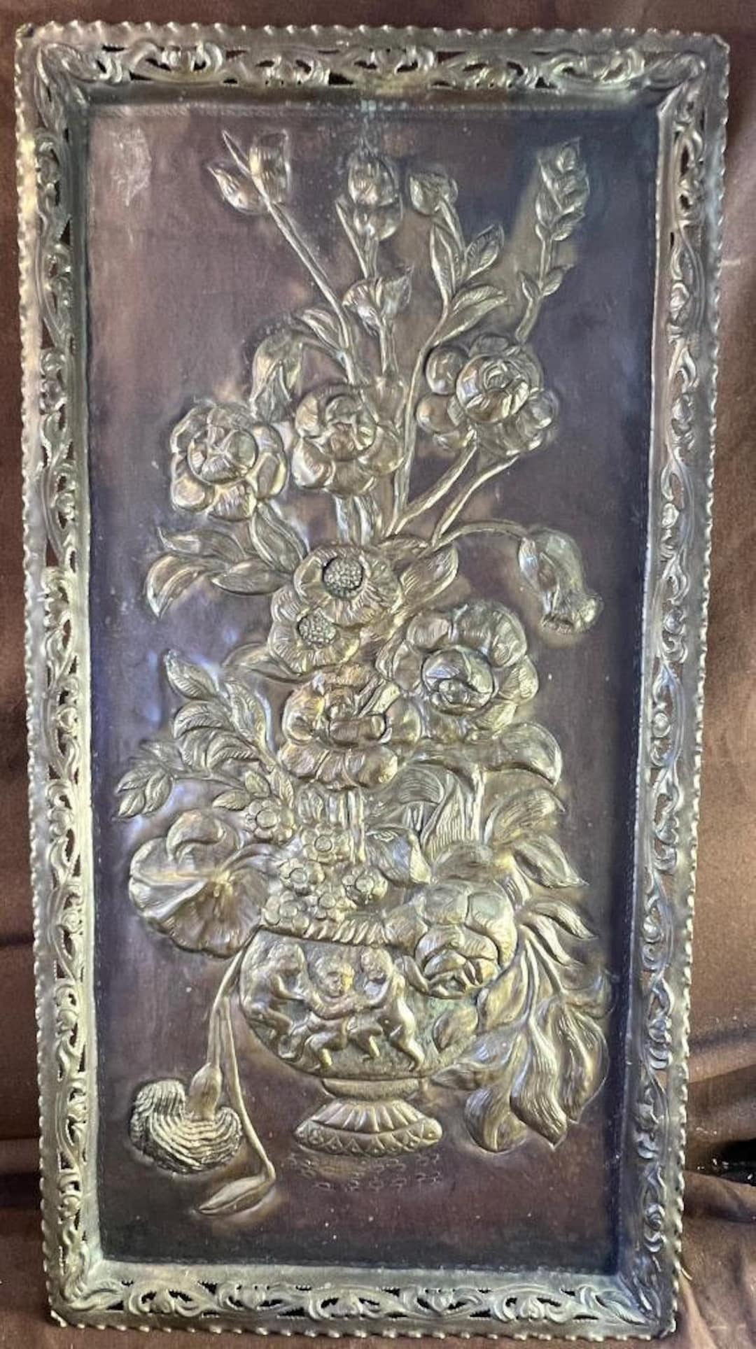 Old Vintage Hand Tooled Copper Metal Tray Wall Plaque Urn Flowers ...