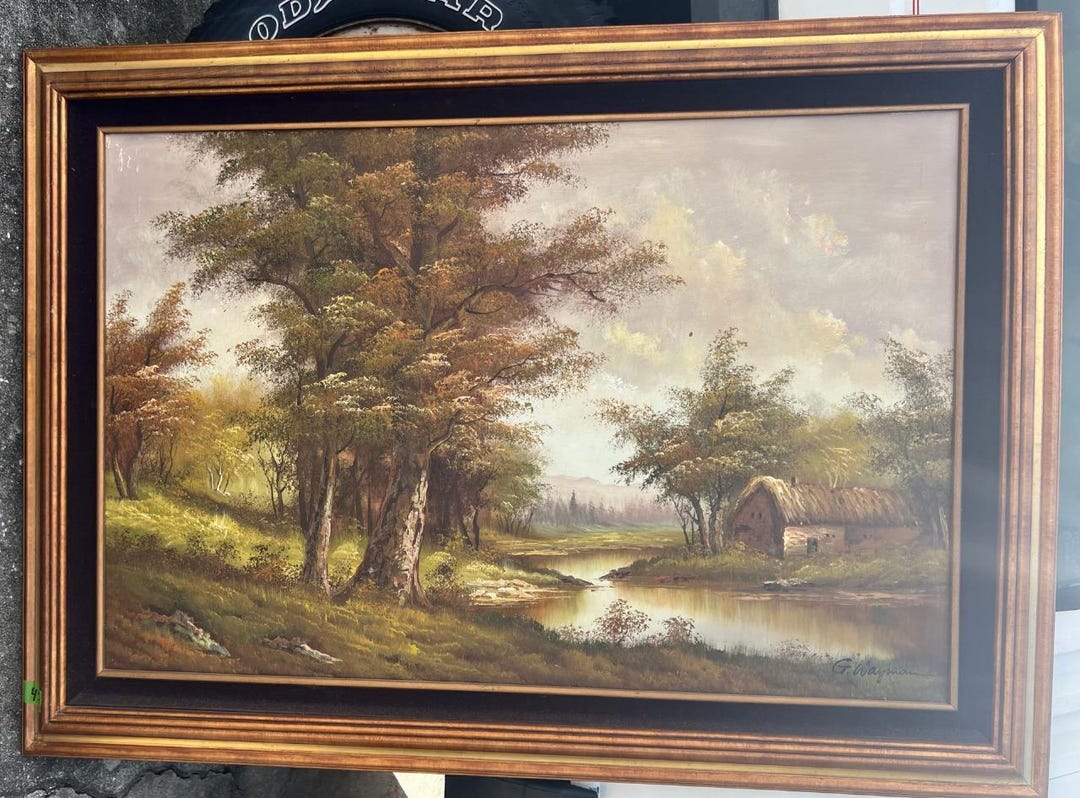 Old Vintage Landscape Forest Oil Painting Art Trees Lake Cottage Signed ...