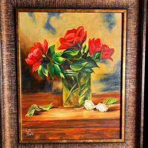 Red Rose Roses Still Life Art Floral Flowers Artist Signed Original Oil ...