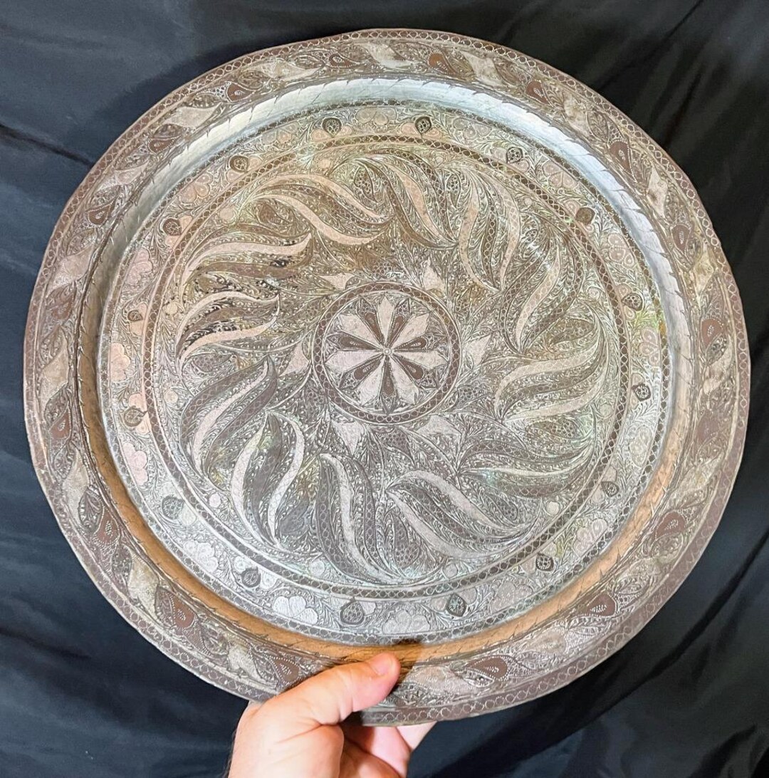 Old Middle Eastern Metal Engraved Brass or Copper Round Serving Tray ...