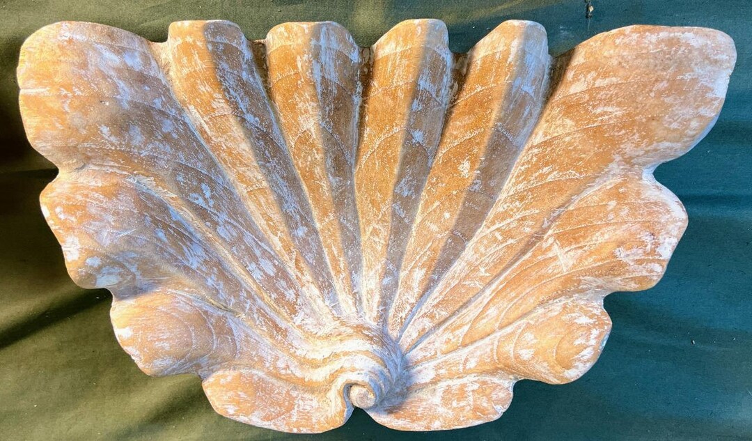Vintage Hand Carved Wood Carving Sea Shell Bowl Dish Decorative ...