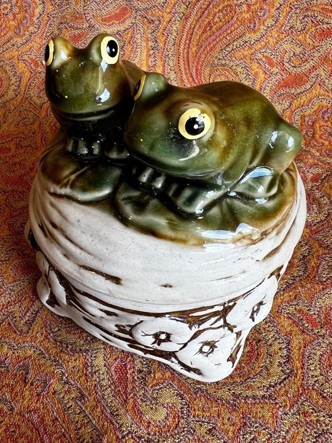 Old Vintage Ceramic Frog Frogs Figural Jewelry or Trinket Box Removable ...